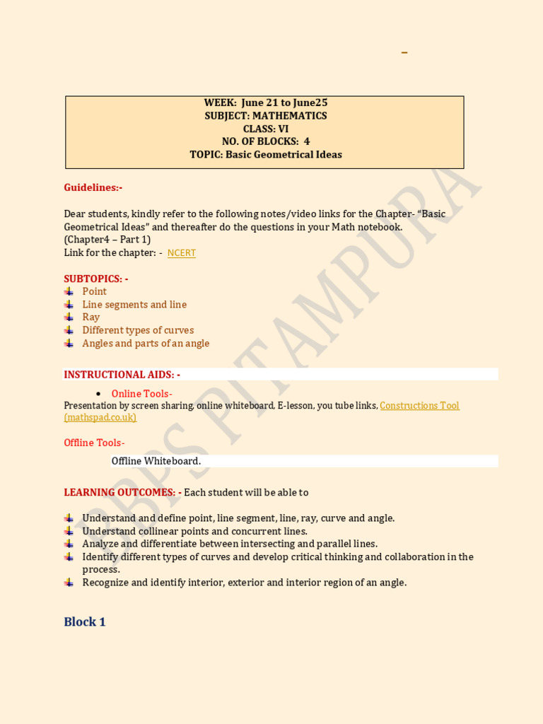 Class VI Mathematics: Basic Geometry Concepts | PDF | Line (Geometry ...