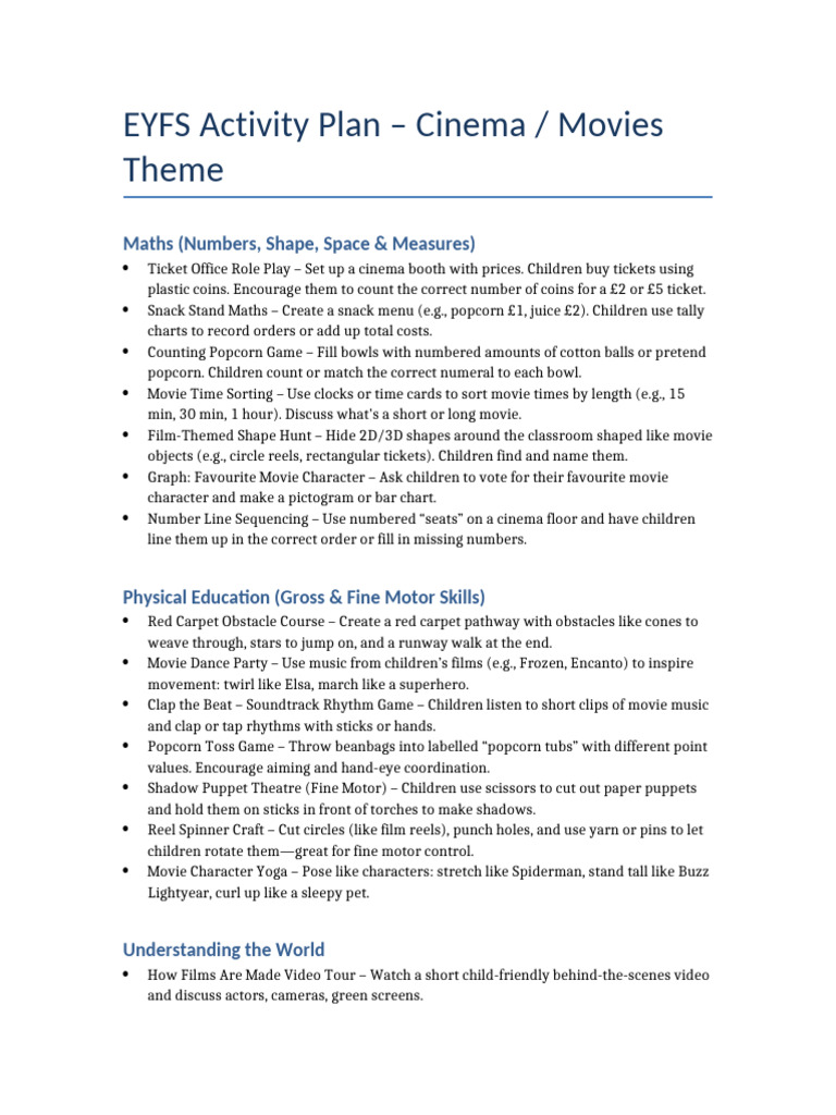 EYFS Cinema Theme Activity Plan | PDF | Movie Theater