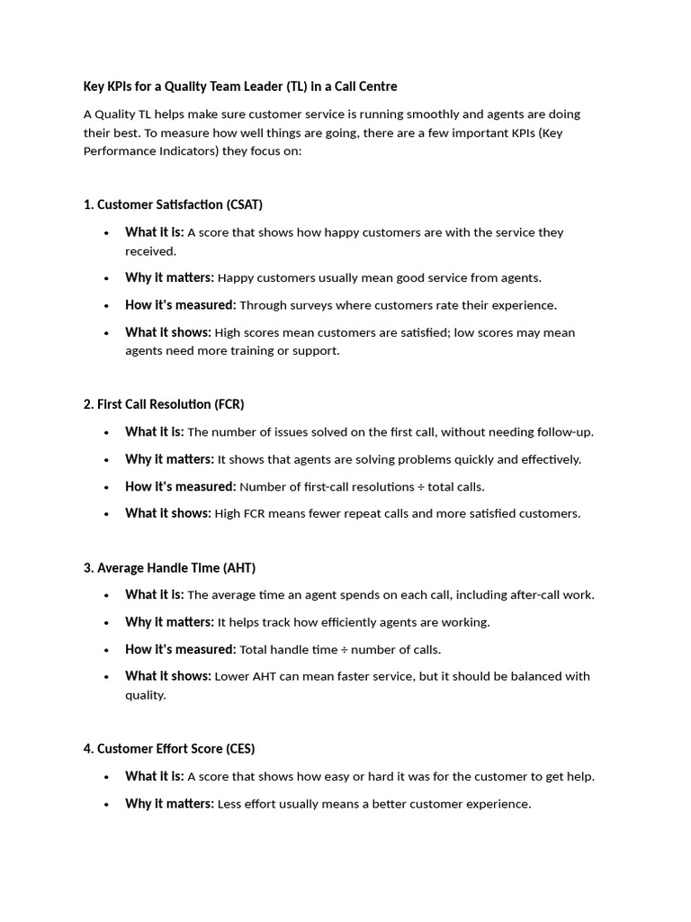 Key KPIs For A Quality Team Leader | PDF | Performance Indicator | Customer Satisfaction