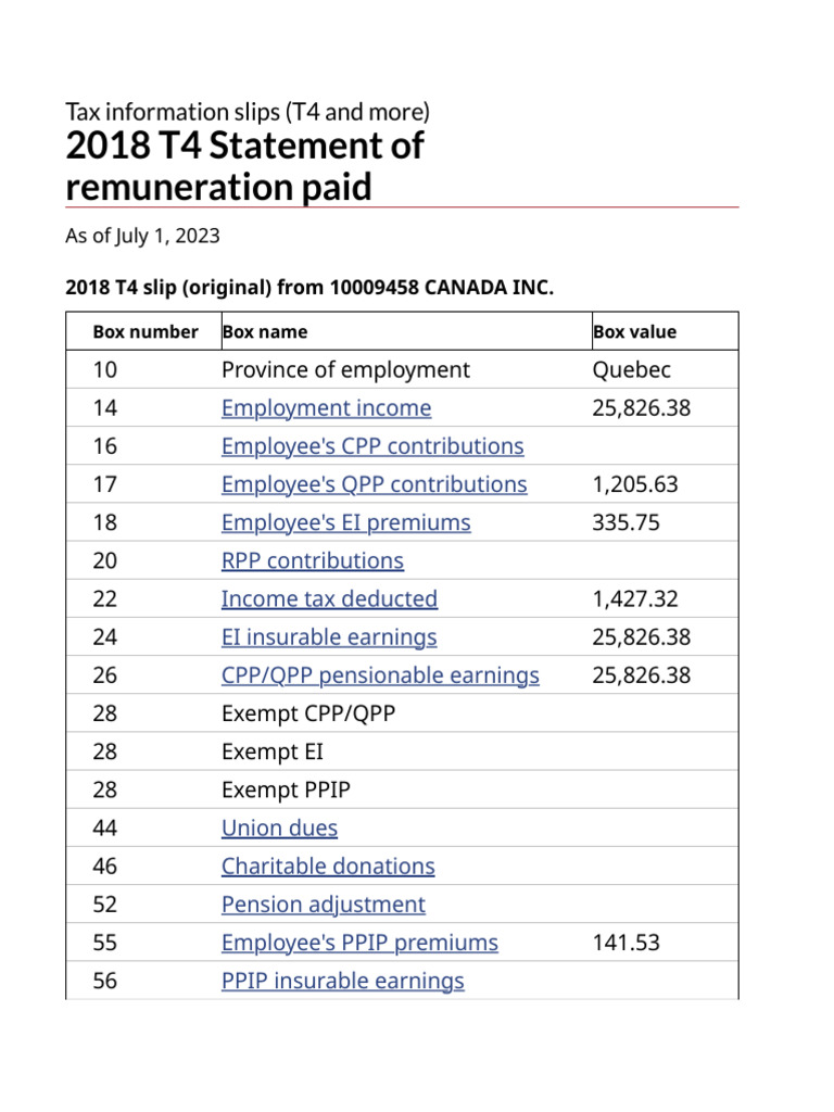 2018 T4 Statement of Remuneration Paid | PDF