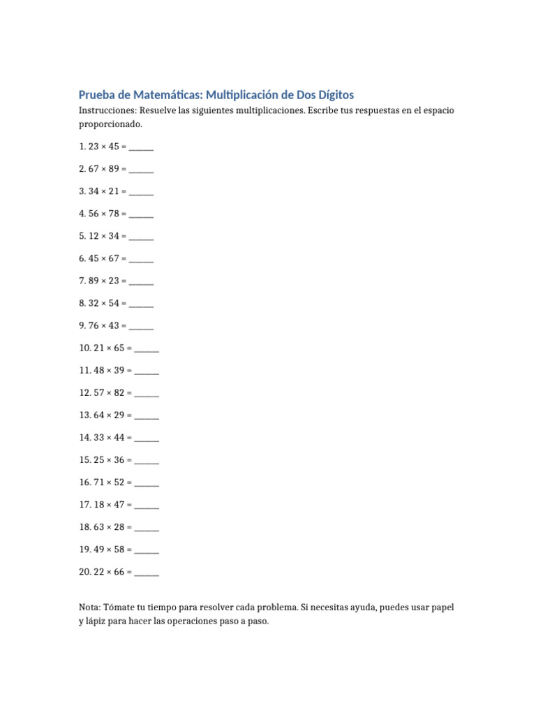 Prueba - Multiplicacion 2 Digitos | PDF
