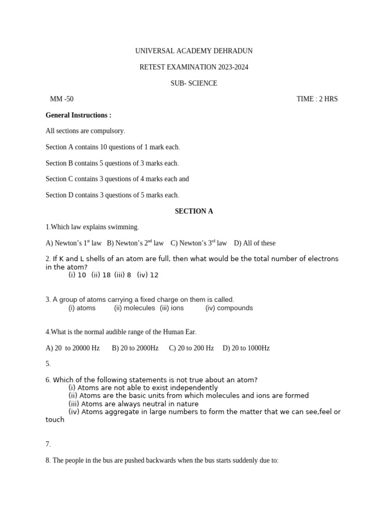 Class 9th Retest Science | PDF | Atoms | Sound