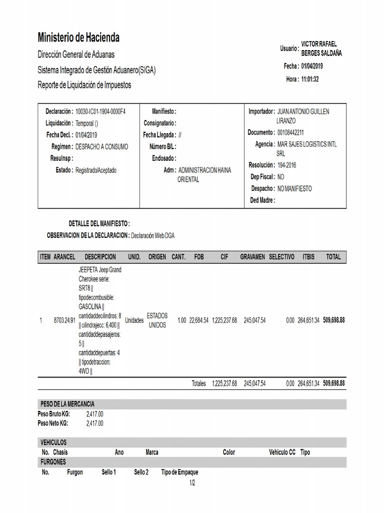 LIQUIDACION ADUANAL_CHEROKEE-ud8-trib2 | PDF