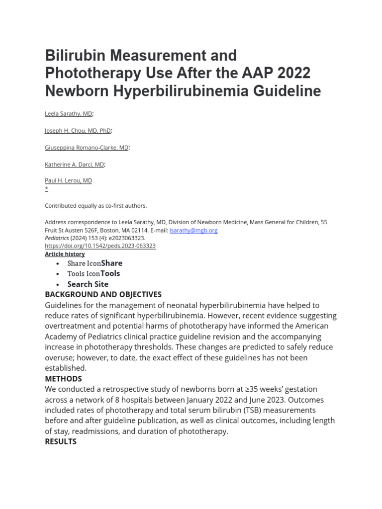 Bilirubin Measurement and Phototherapy Use After The AAP 2022 Newborn ...