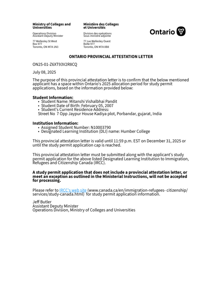 Ontario Provincial Attestation Letter 2025 | PDF
