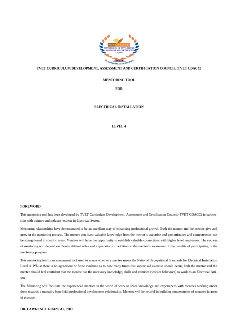 Electrical Installation Level 4 Mentoring Tool | PDF | Mentorship ...