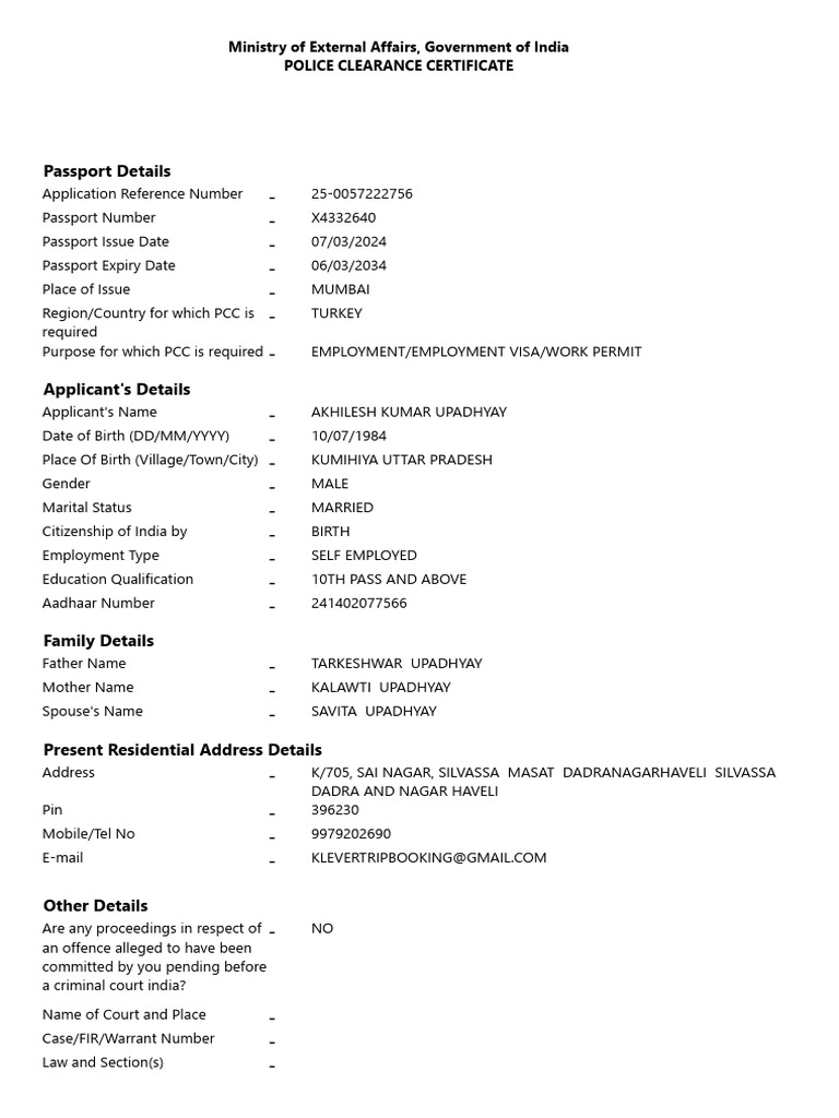 PCC For Work Permit | PDF | Passport | Justice