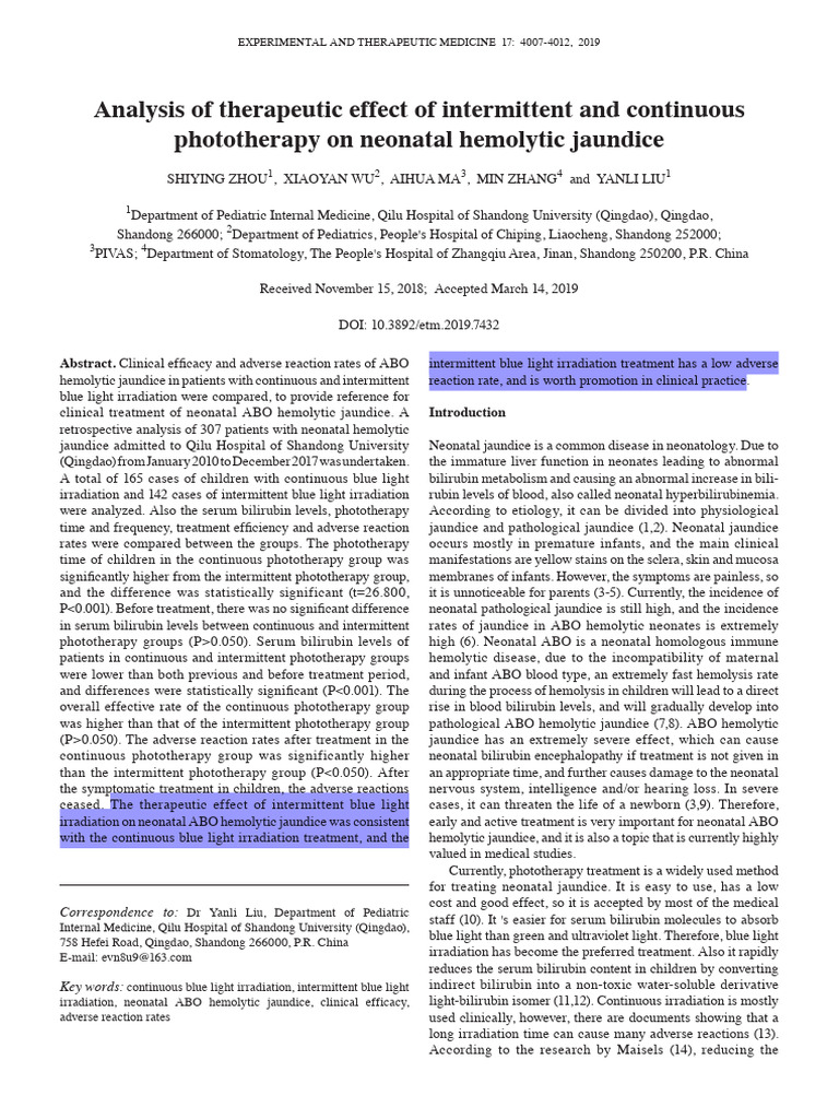 Continuous vs Intermittent Phototherapy for Neonatal Jaundice | PDF ...