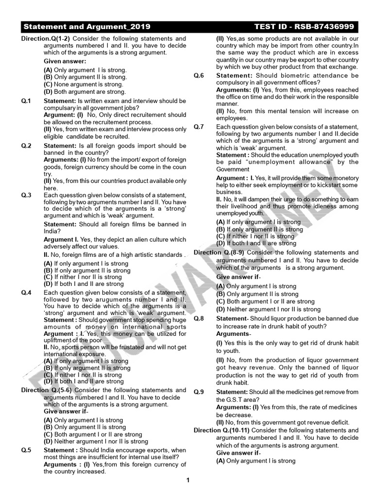 Statement and Argument Analysis 2019 | PDF | Banks | Economies