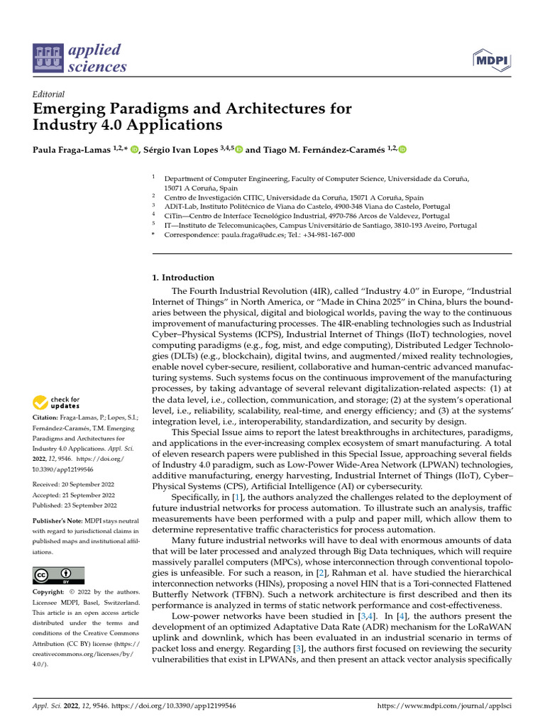Fraga-Lamas 2022 Emerging Paradigms and Architectures For Industry 4.0 Applications | PDF ...