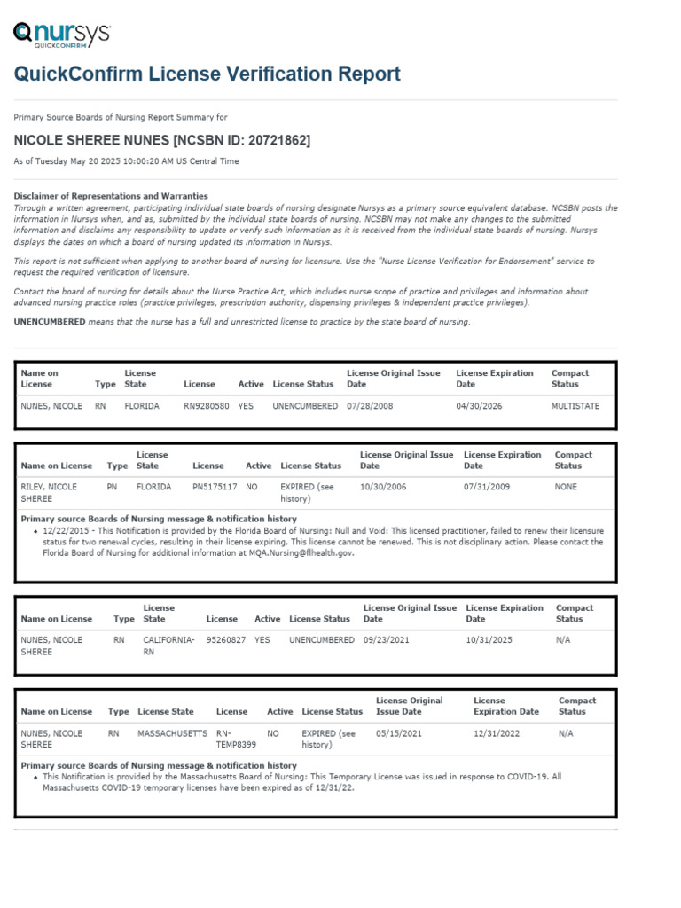 Nursys License Verification Report | PDF | Nursing | Health Care