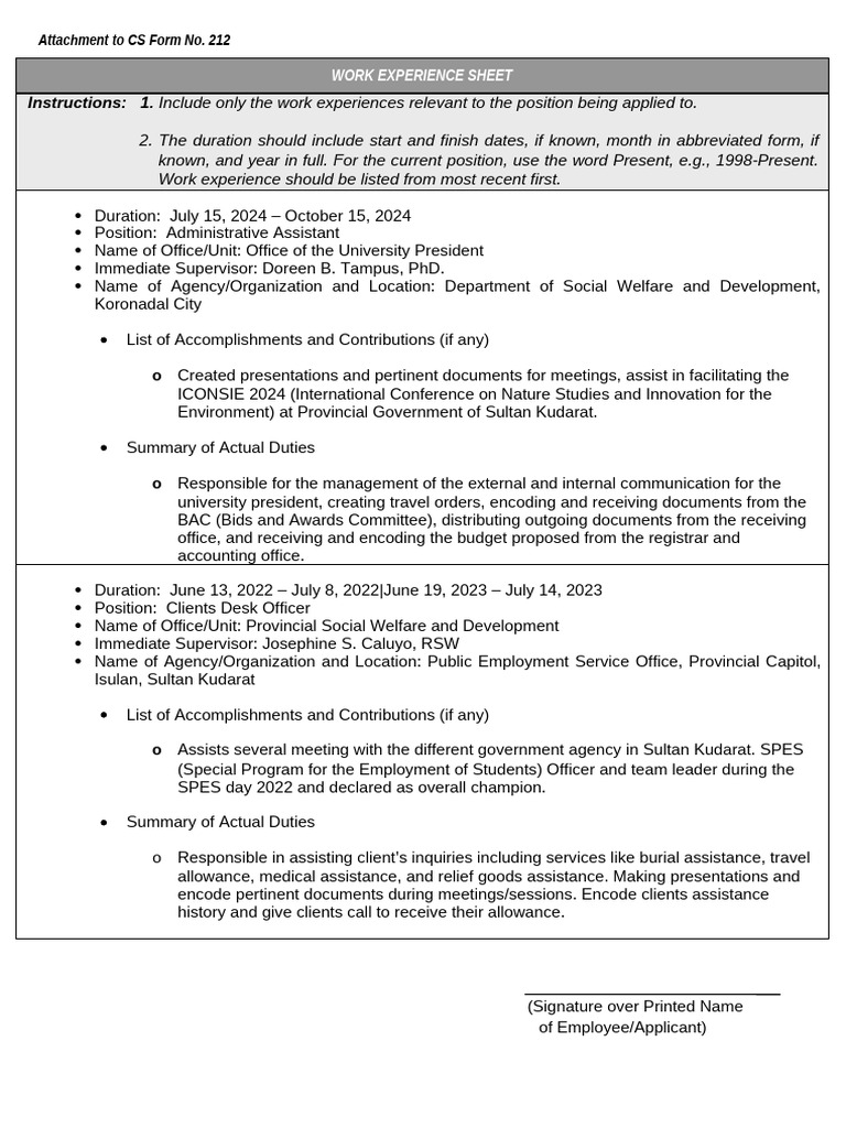 Work Experience Sheet Template | PDF | Business