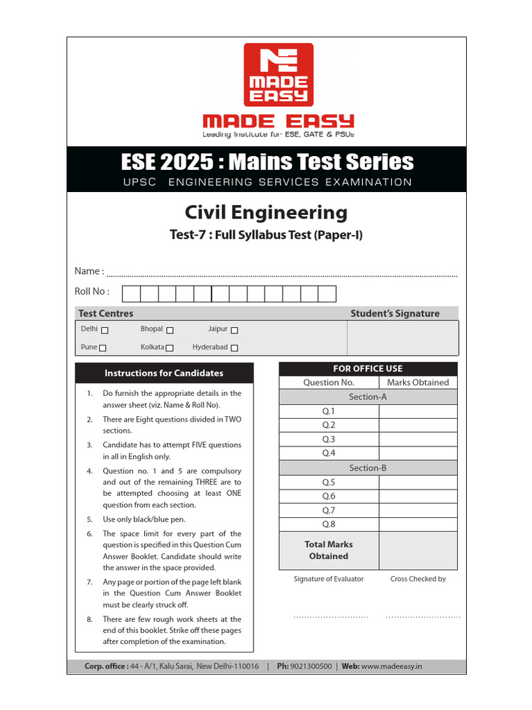 UPSC ESE 2025 Civil Engineering Test 7 | PDF | Chess Theory | Chess
