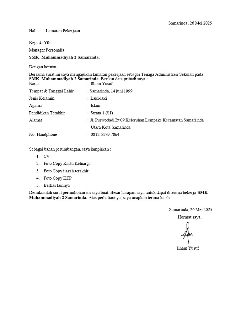 CV - Ilham Yusuf - Tenaga Administrasi Sekolah. | PDF