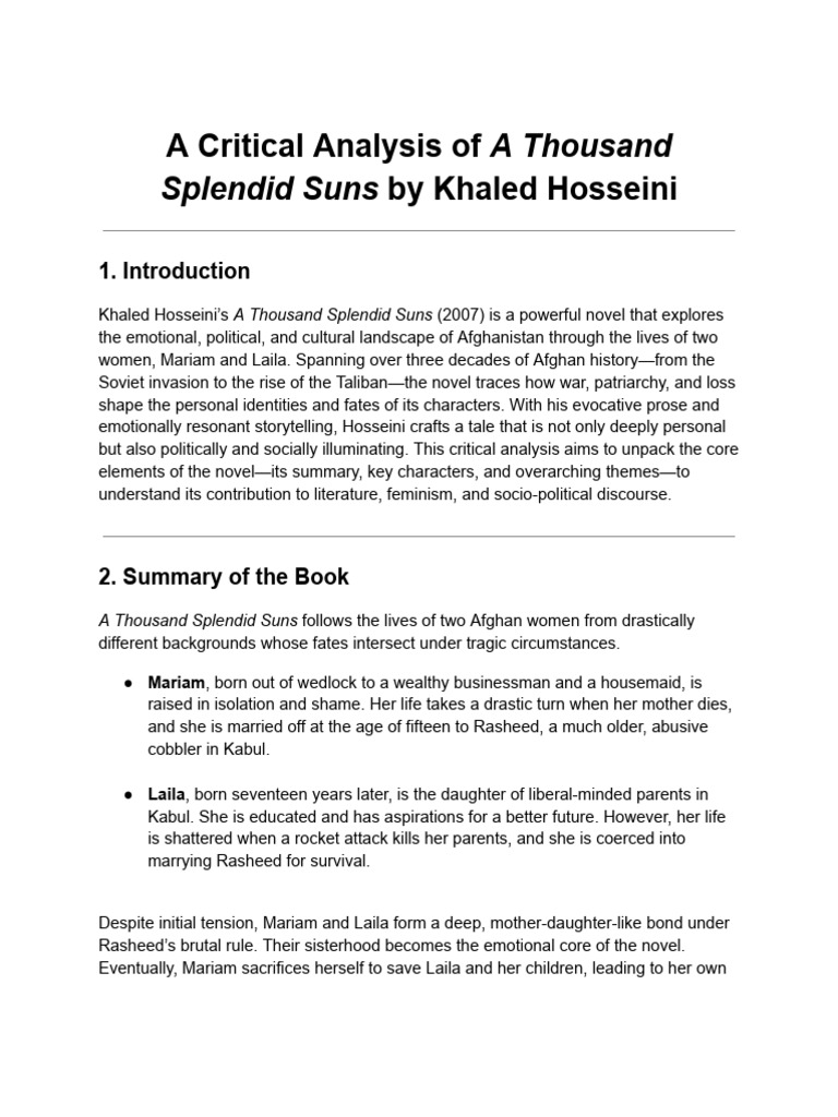 Critical Analysis of A Thousand Splendid Suns | PDF | Gender Equality ...