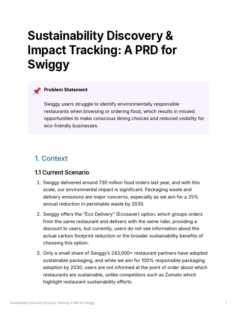 Swiggy Sustainability Discovery PRD | PDF | Sustainability | Employee ...
