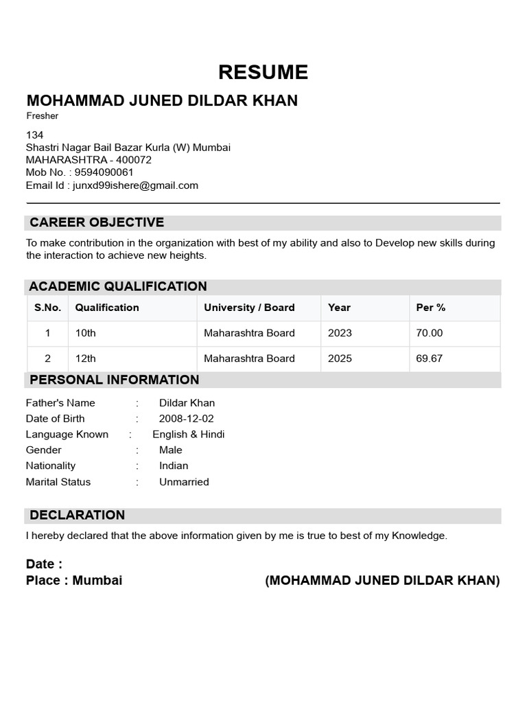 Resume: Mohammad Juned Dildar Khan | PDF