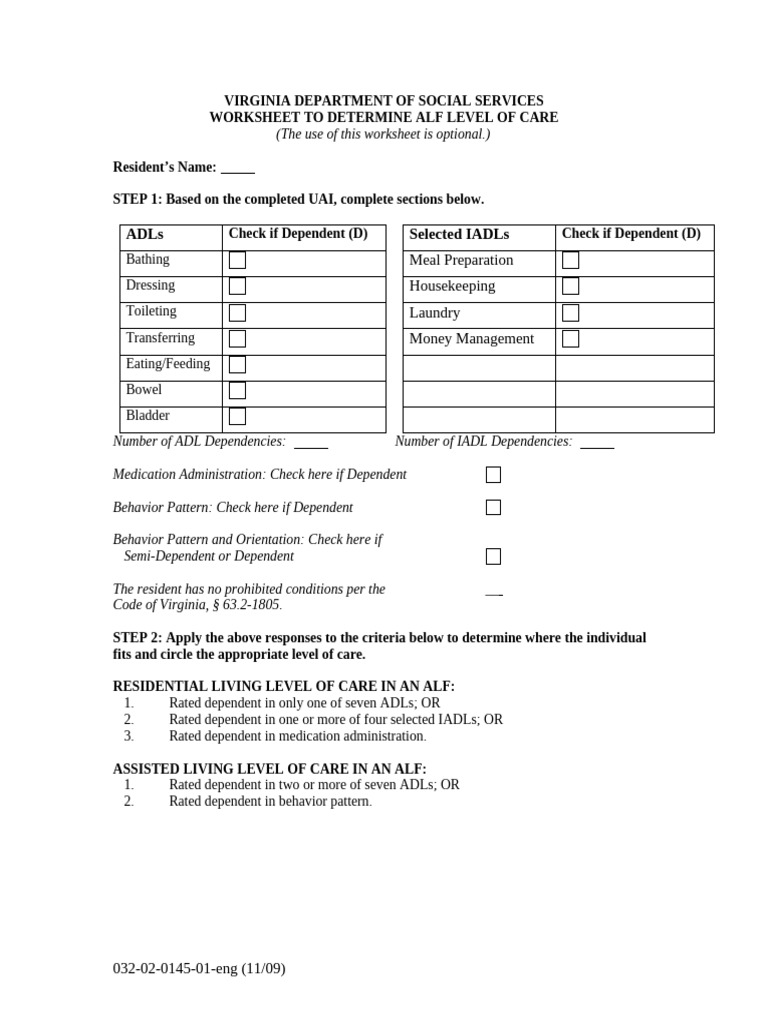 ALF Care Level Determination Worksheet | PDF