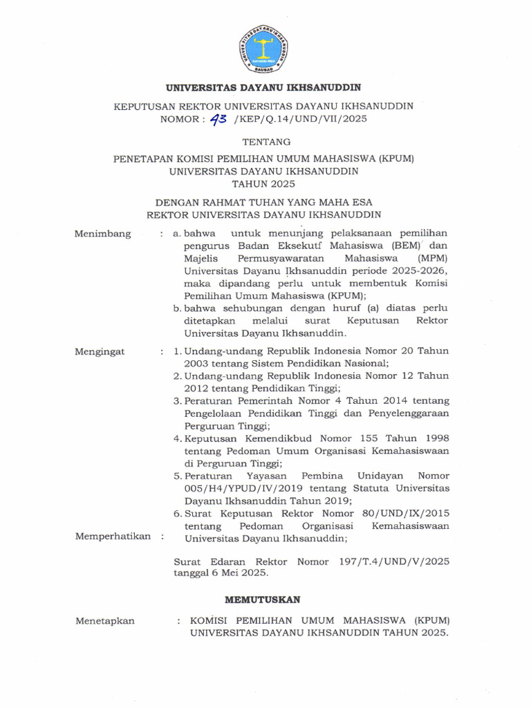 SK Komisi Pemilihan Umum Mahasiswa Unidayan Tahun 2025 | PDF