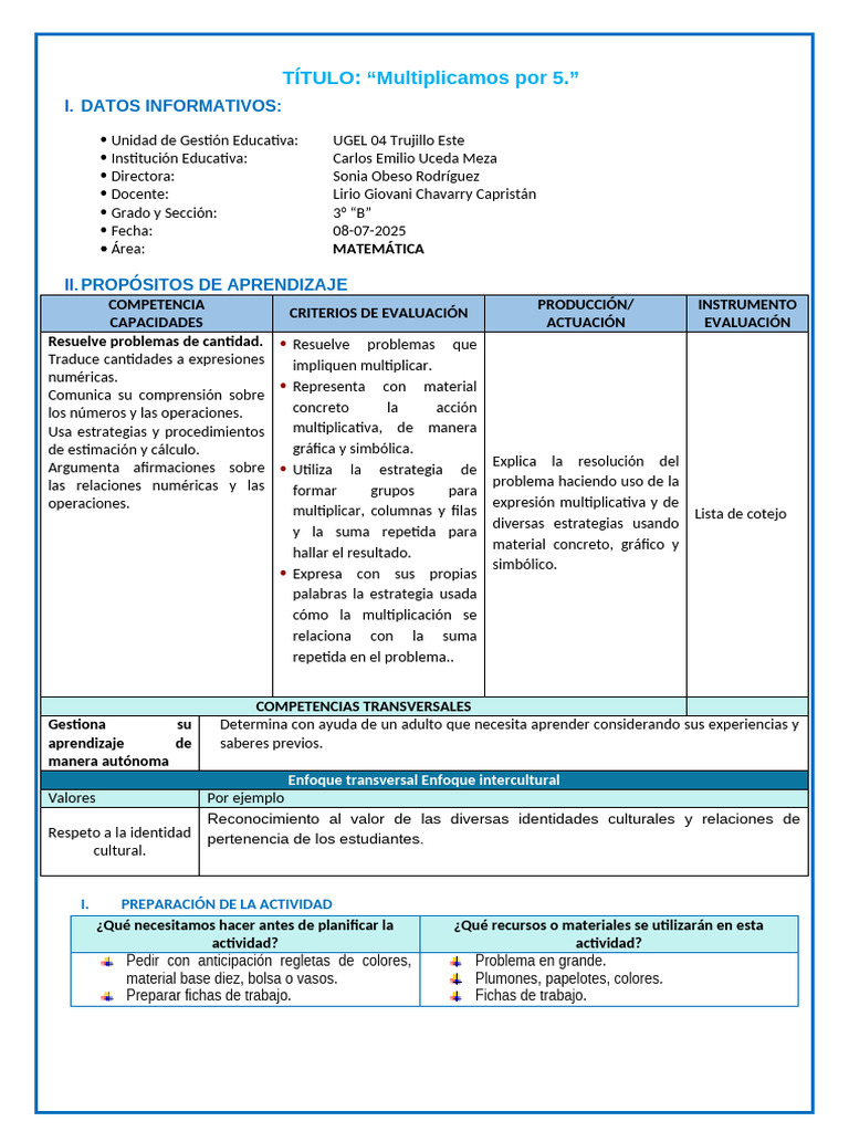 Sesion Multiplicamos Por 5 | PDF | Multiplicación | Aprendizaje