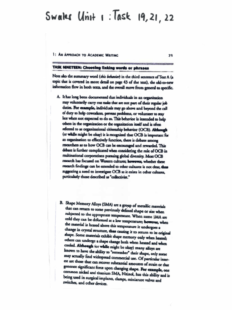 Swales and Feak Answer Key Unit 1 Tasks 19, 21,22 and Unit 8 Tasks 1 and 5 | PDF