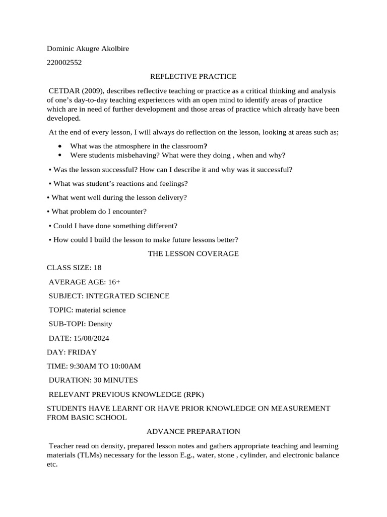 Moses Reflective Practice | PDF | Teachers | Learning