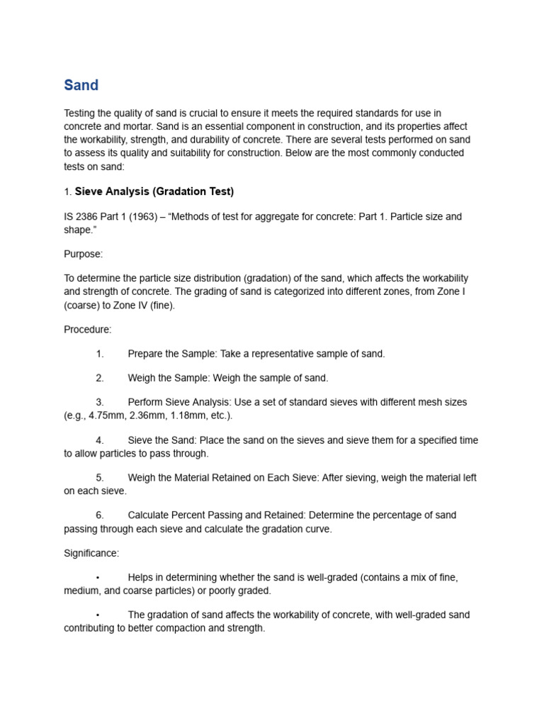 Sand Quality Testing Methods | PDF | Concrete | Chemistry