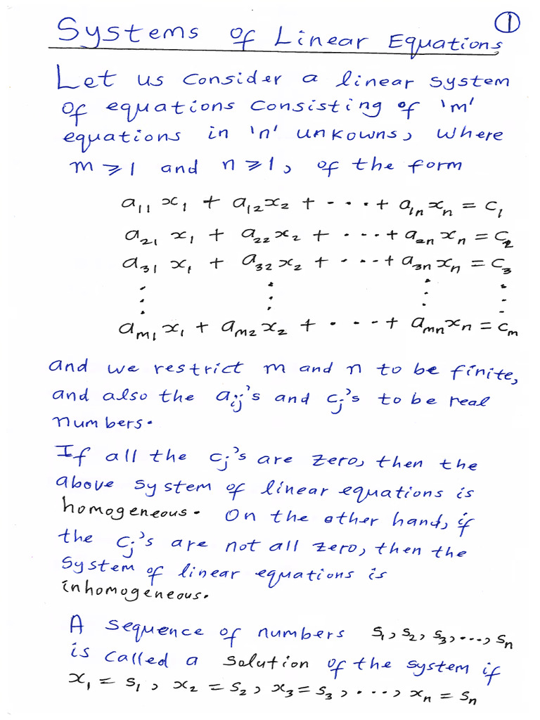 Chapter System of Linear Equations - Notes, Example and Solutions | PDF