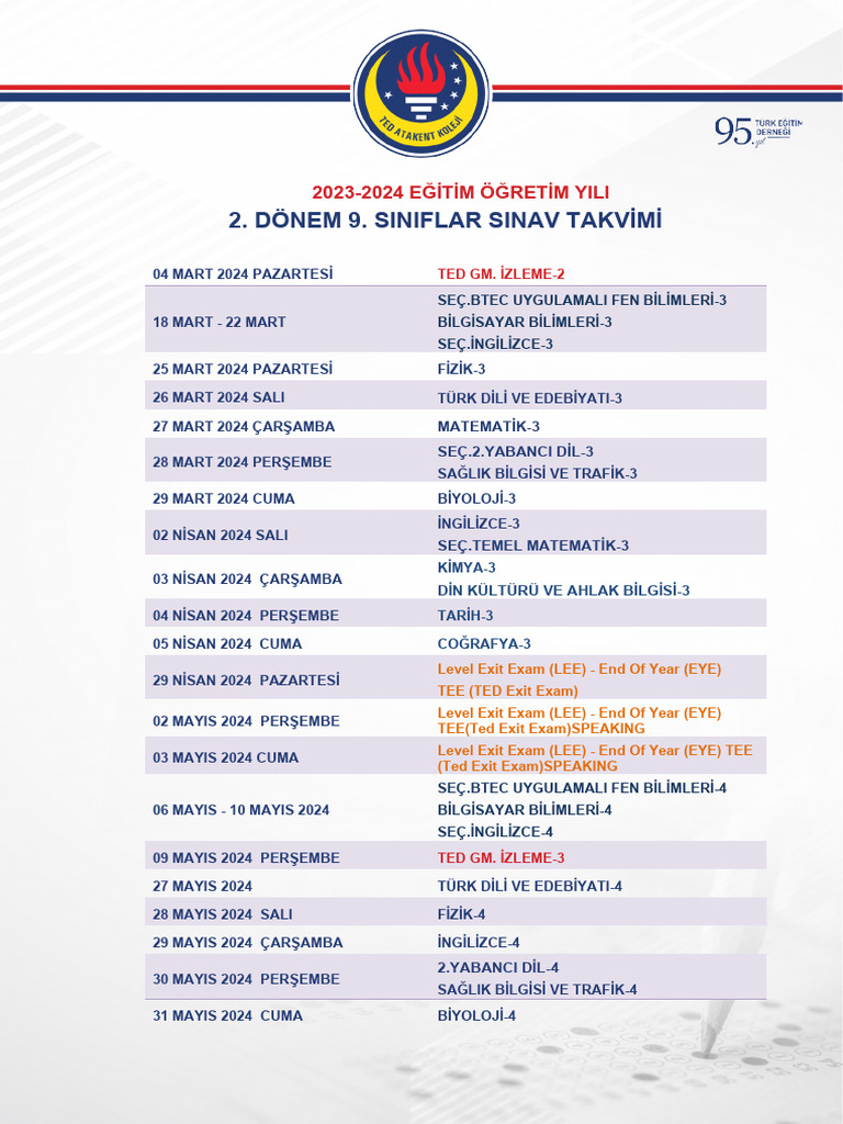 Sinif 2. Donem Sinav Takvimi | PDF