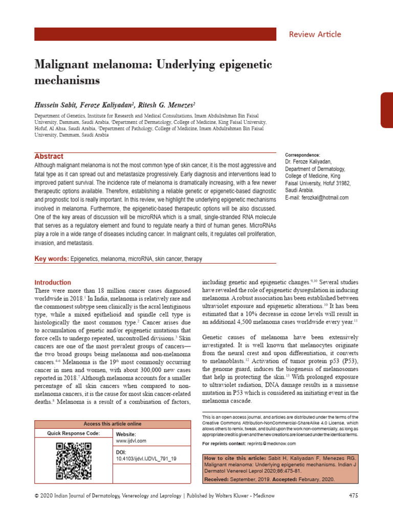 Malignant Melanoma - Underlying Epigenetic Mechanisms | PDF | Dna ...
