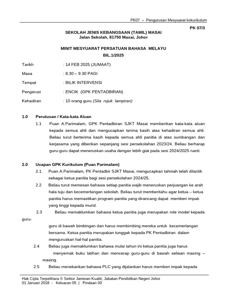 Minit Mesyuarat Persatuan BM 2015 | PDF