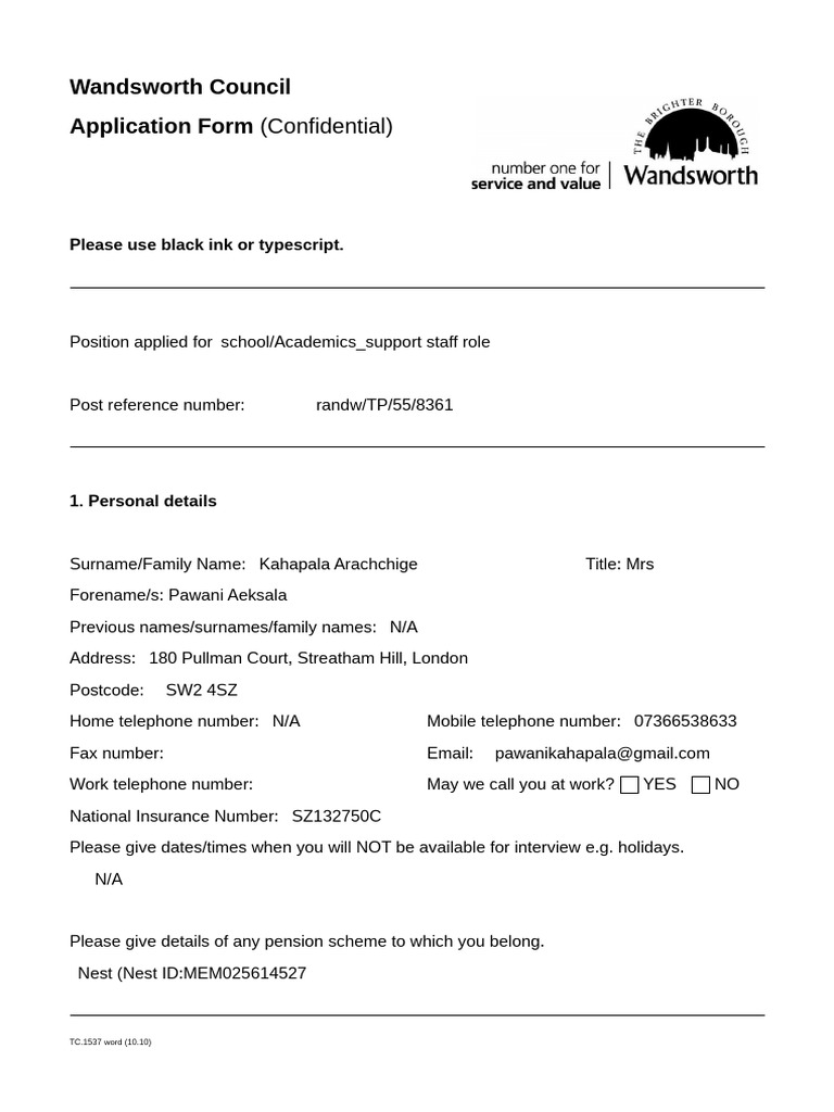 Wandsworth Council Job Application Form | PDF | Disability | Employment