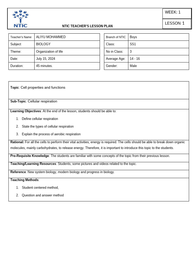 SS1 Biology Lesson on Cellular Respiration | PDF | Biology | Cellular ...