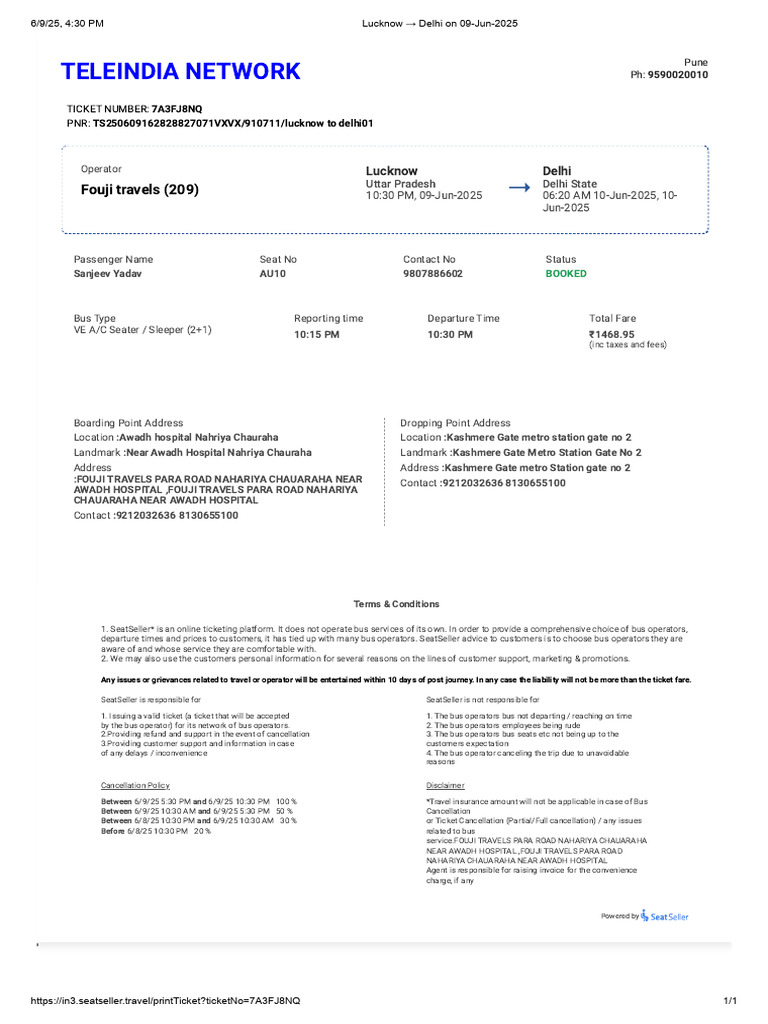 3591 Today Bus Ticket From Lucknow To Delhi Doj 09-Jun-2025-Sanjeev ...