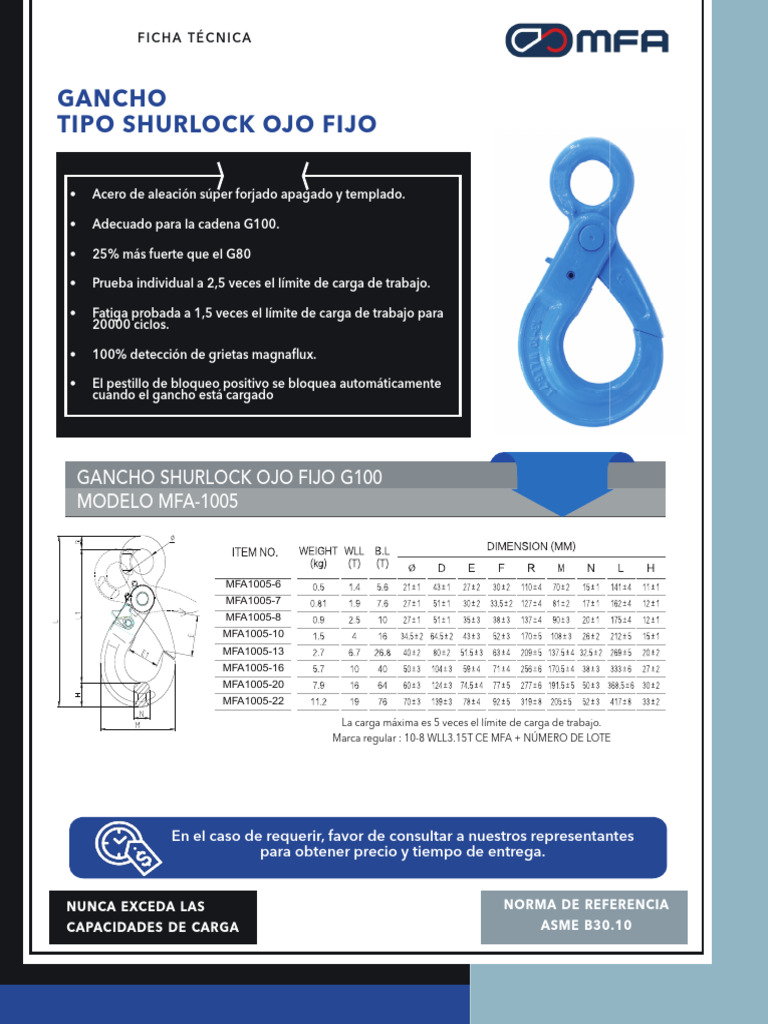 Ficha Tecnica Gancho Ojo Fijo Tipo Shurlock Grado 100 | PDF