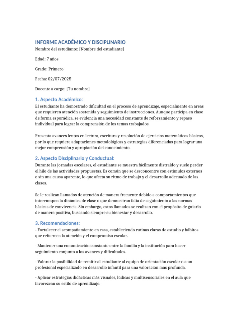 Informe Disciplinario del Estudiante | PDF