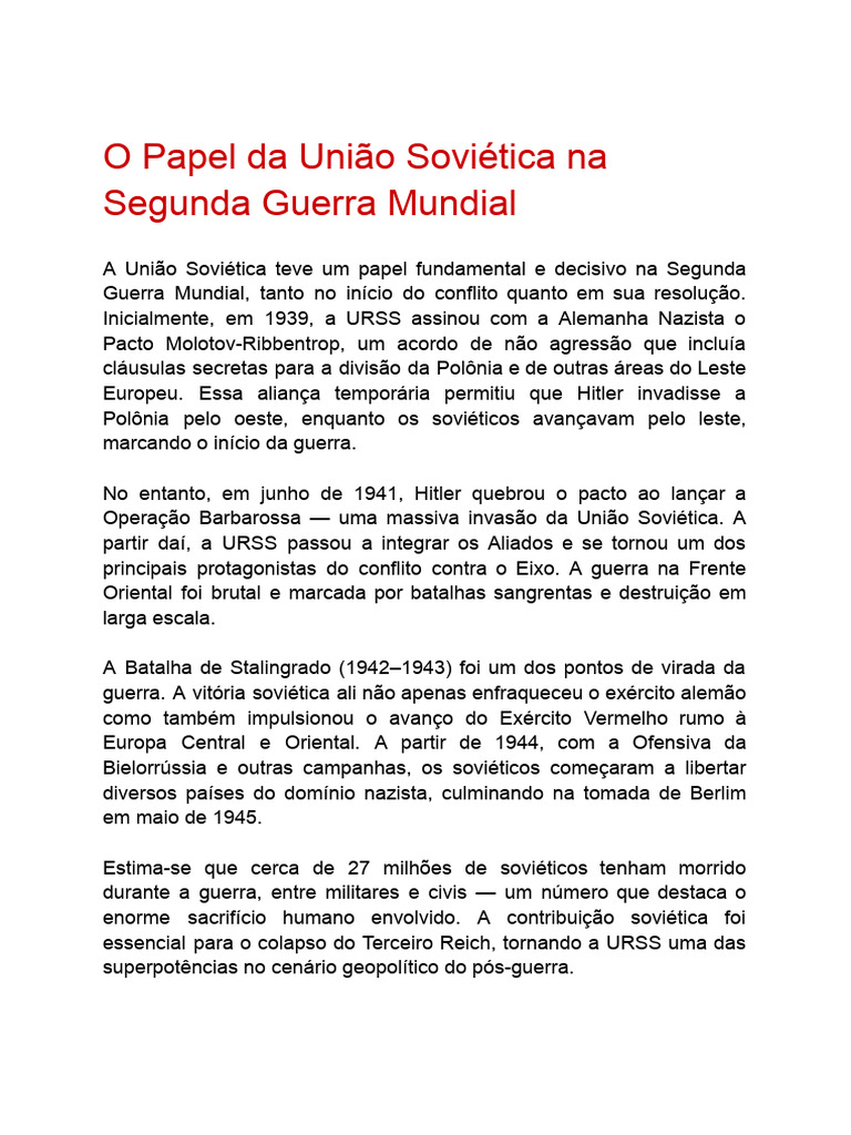 O Papel Da URSS Na Segunda Guerra | PDF | União Soviética | Política ...