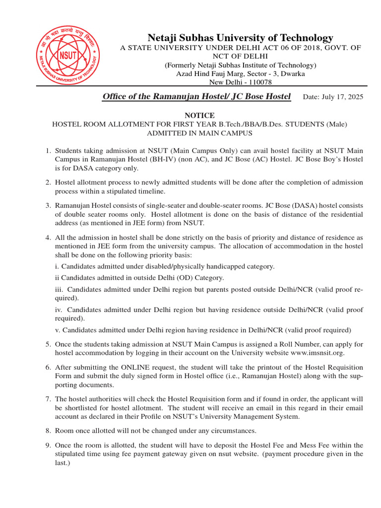 Hostel Notice-New Students | PDF