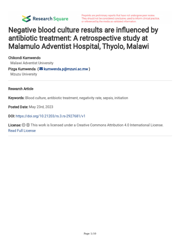 Negative Blood Culture Results Are Influenced by A | PDF | Logistic ...