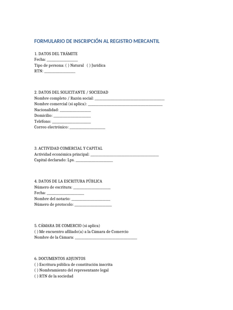 Formulario Inscripcion Registro Mercantil | PDF
