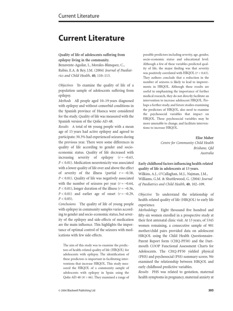 Adolescent Quality of Life in Epilepsy | PDF | Epilepsy | Quality Of Life