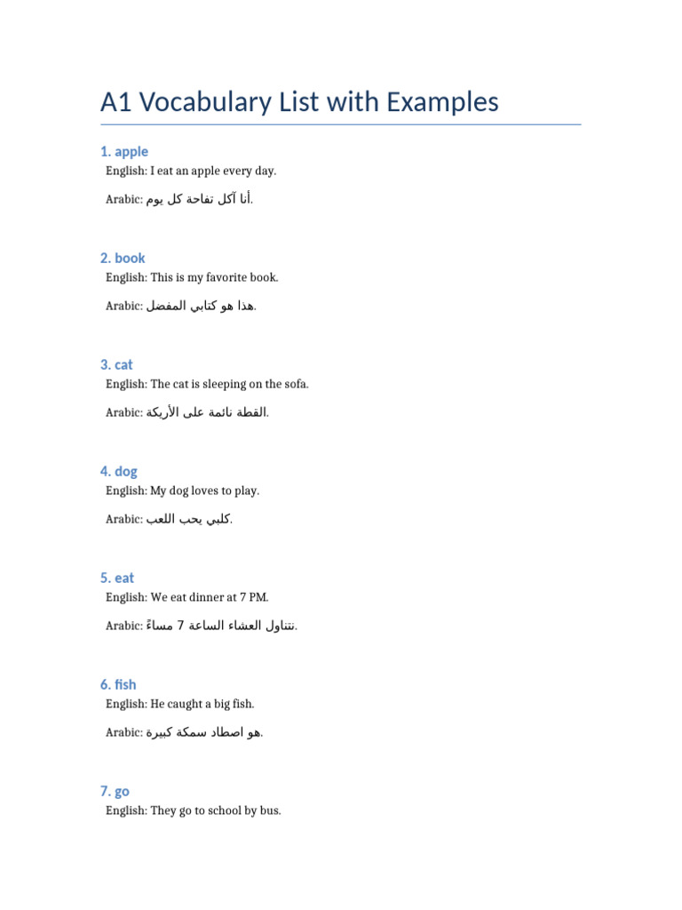 A1 Vocabulary List | PDF