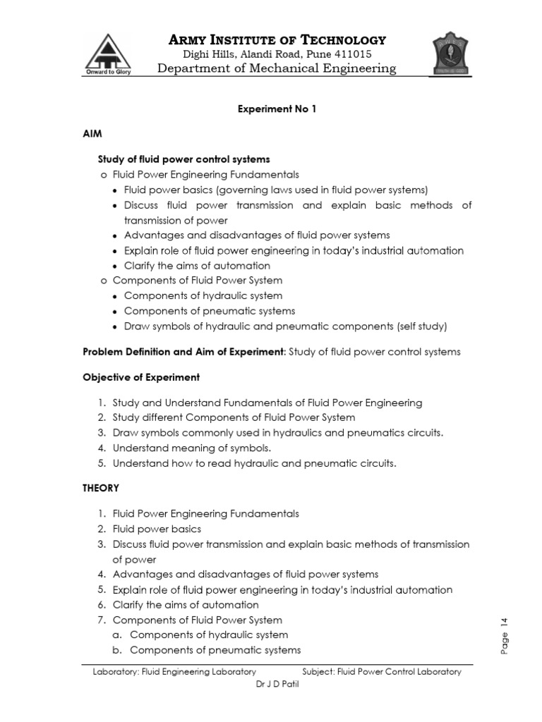 Experiment No 1 - Study of Fluid Power Control Systems | PDF | Pump | Valve