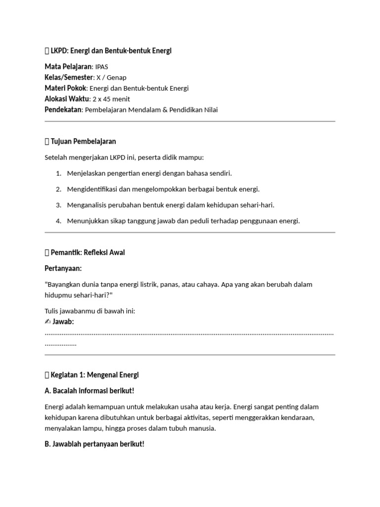 ? LKPD Energi & Bentuk Energi | PDF