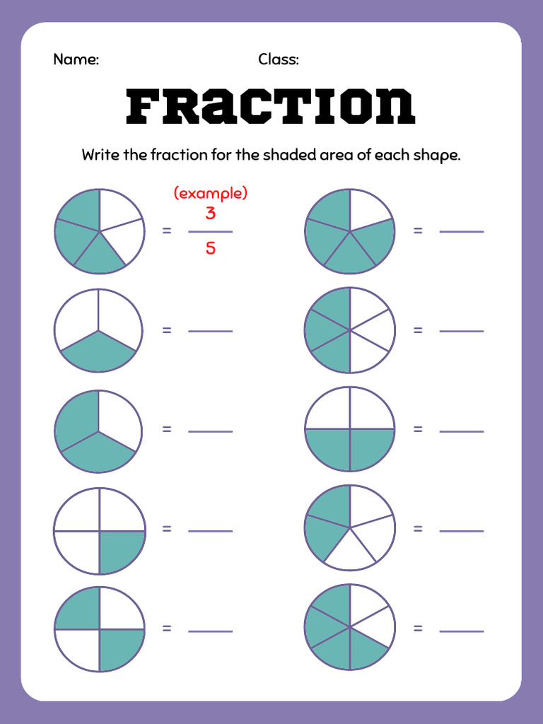 Purple and Green Simple Fraction Illustration Mathematics Worksheet | PDF