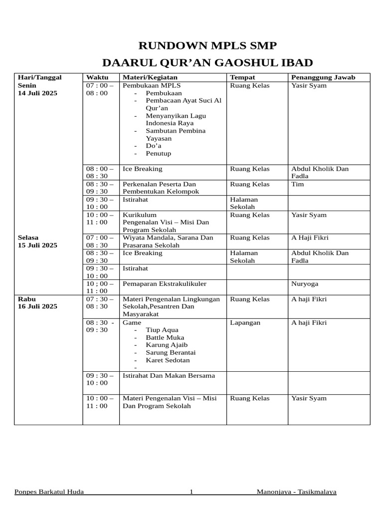 Rundown MPLS SMP Daarul Qur'an 2025 | PDF