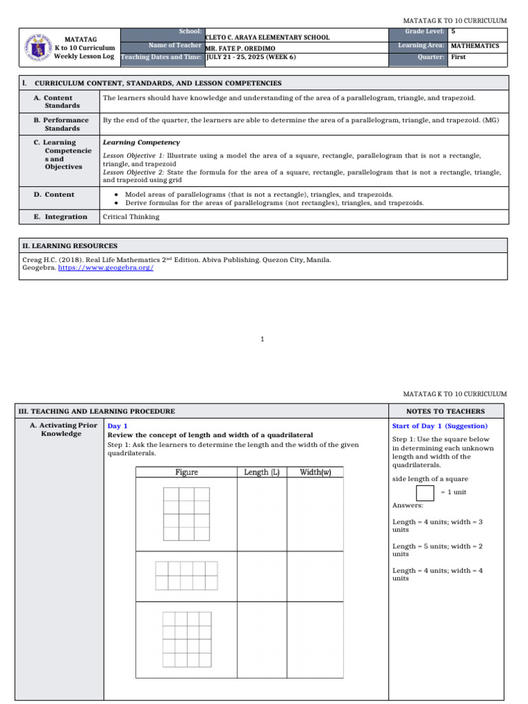 DLL Matatag - Mathematics 5 q1 w6 | PDF | Area | Rectangle