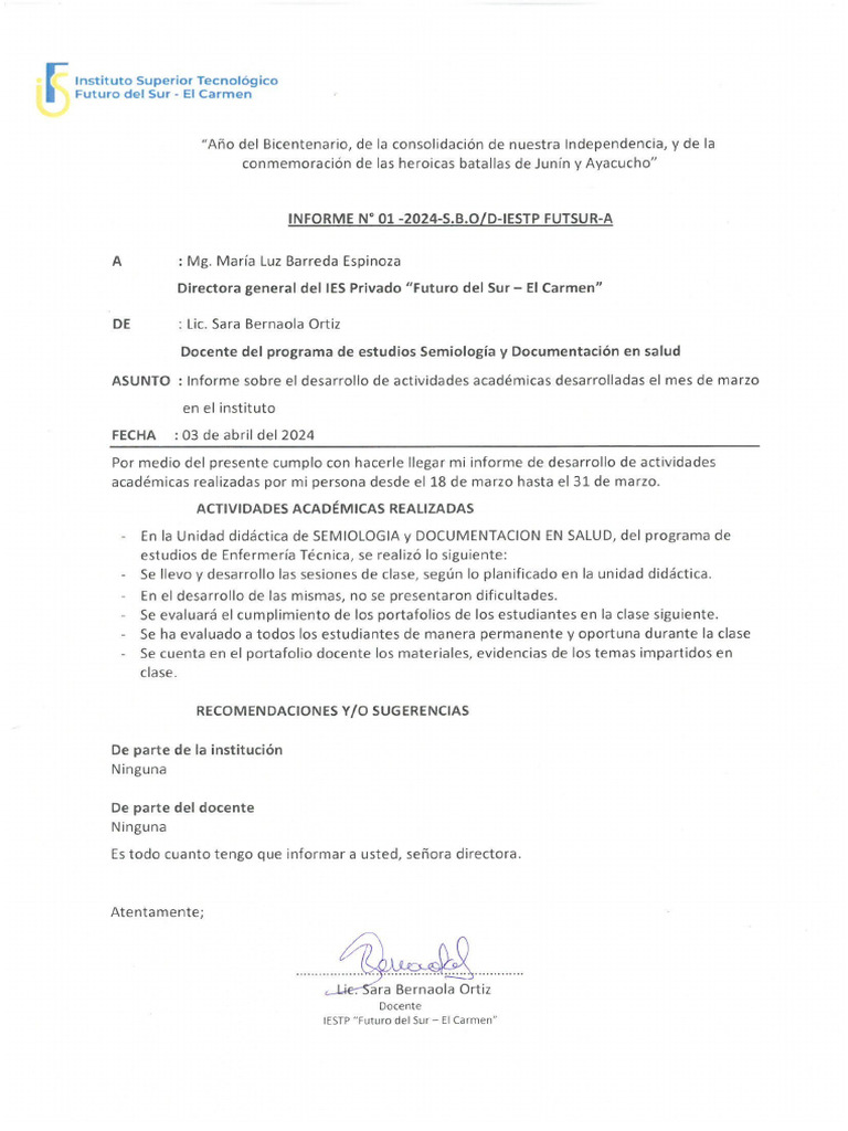 Informe Mensual. Lic. Sara Bernaola O | PDF