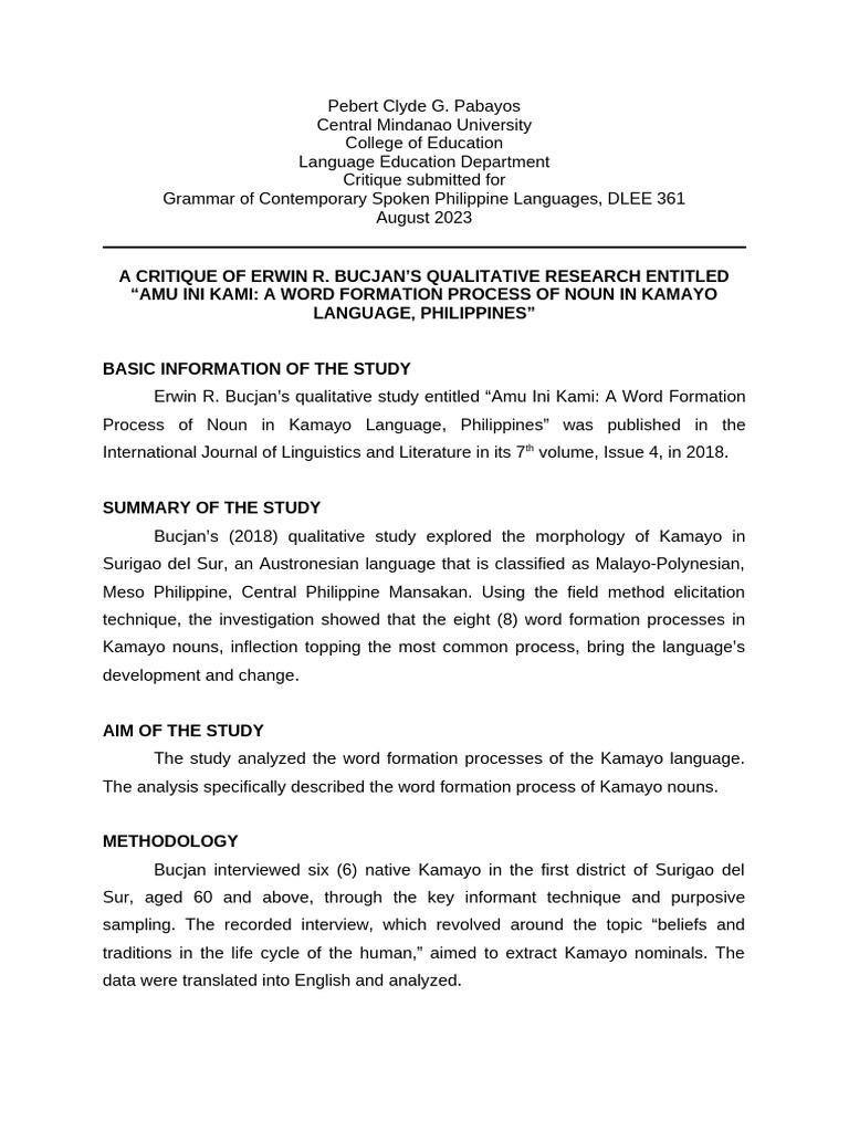 Unit 2 Sample Research Critique Morphology | PDF | Qualitative Research | Methodology