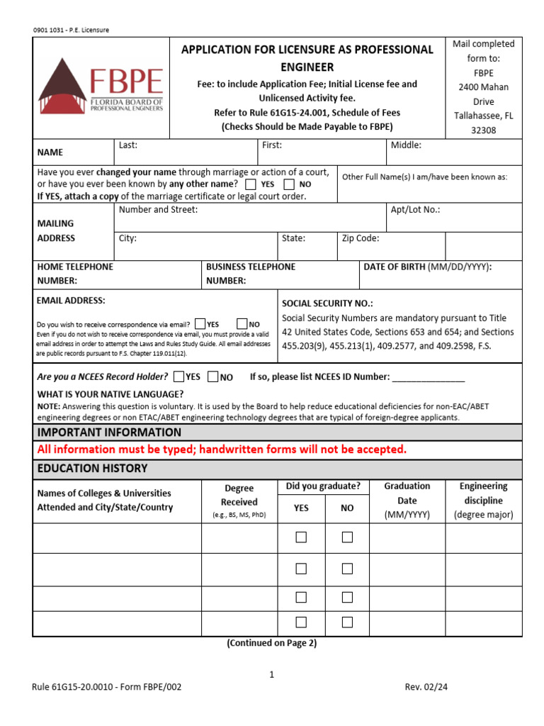FBPE Professional Engineer Application | PDF | Engineer | Nolo Contendere